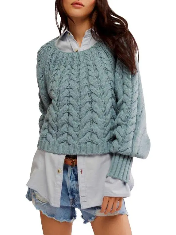 Free People Sandre Cable Stitch Pullover Sweater - Ancient Turquoise