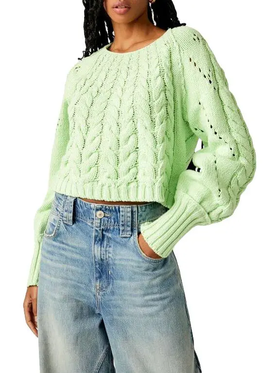 Free People Sandre Cable Stitch Pullover Sweater - Green Light