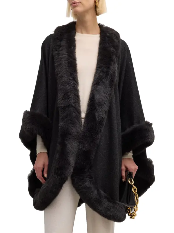 Sofia Cashmere Cape With Faux Fur Trim - Charcoal With Charcoal
