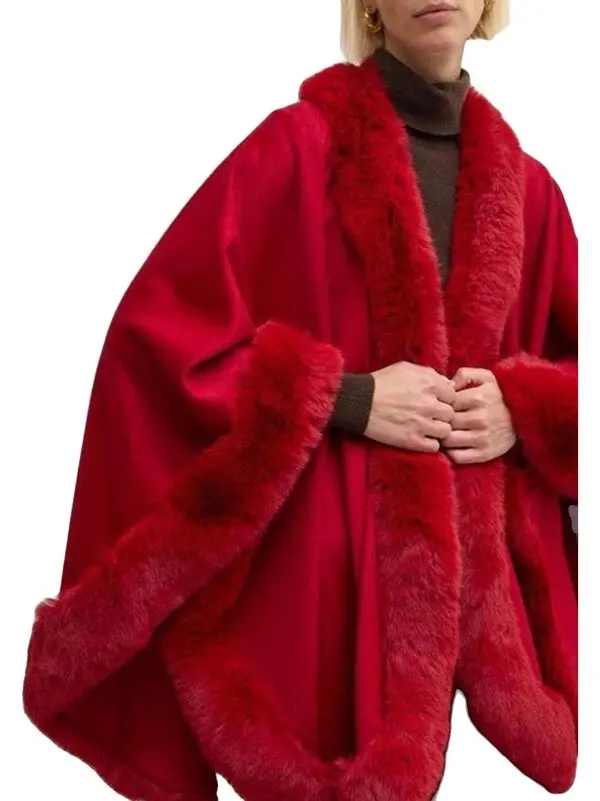 Sofia Cashmere Cape With Faux Fur Trim - Red