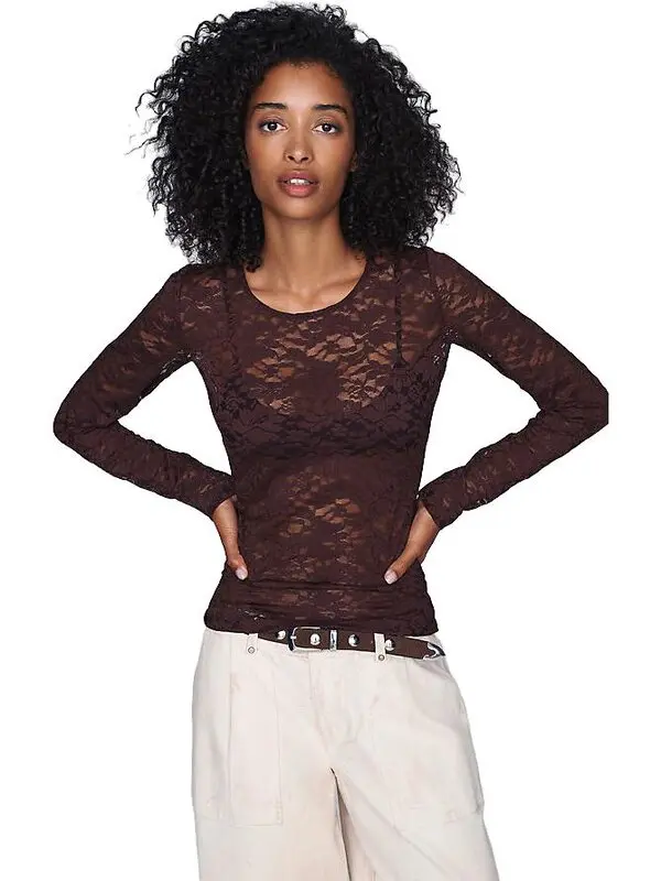Anthropologie Long-sleeve Lace Crew-neck Top - Fudge