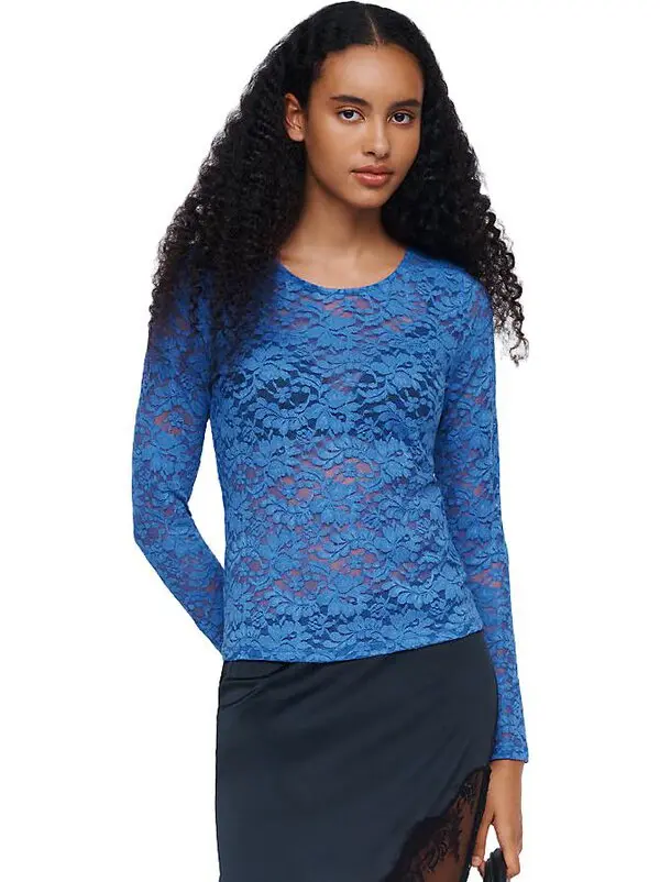 Anthropologie Lace Crewneck Top - Soft Blue