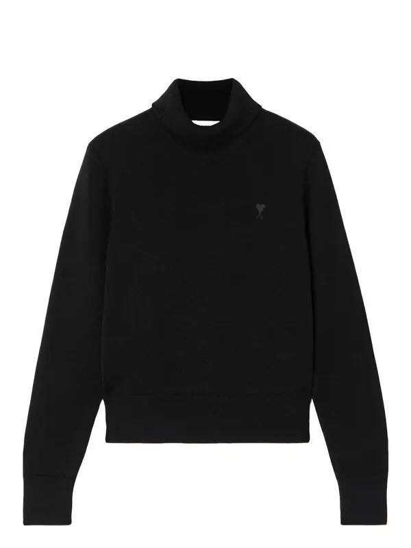 Ami Embroidered Wool Turtleneck Sweater - Black
