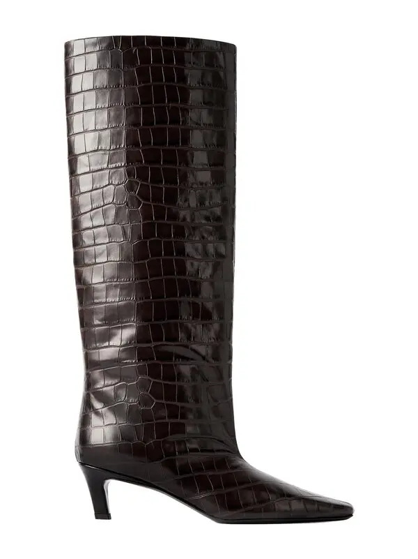 TOTEME Croco-embossed Wide Shaft Boots - Dark Brown Croco