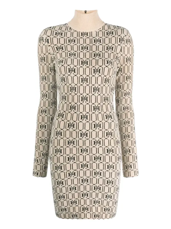 Elisabetta Franchi Mongram-intarsia Knitted Minidress - Neutrals