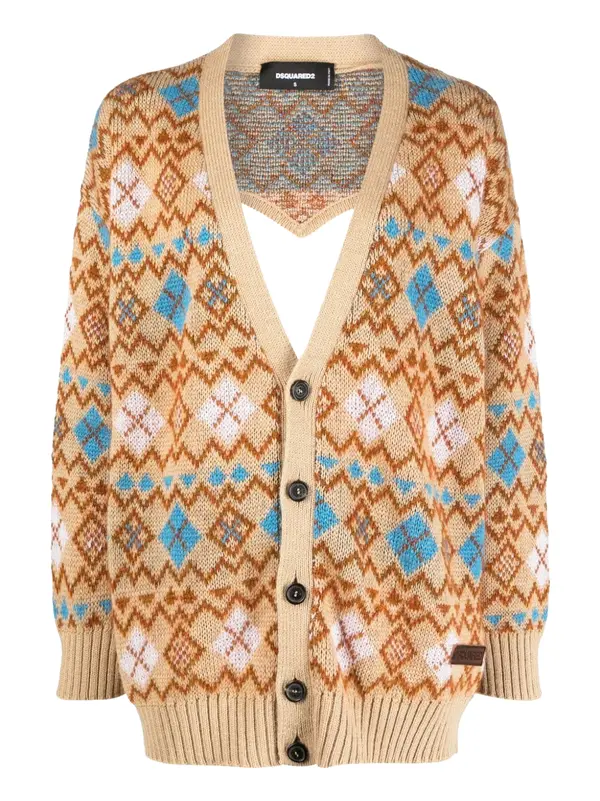 Dsquared2 Geometric-print Wool Cardigan - Neutrals