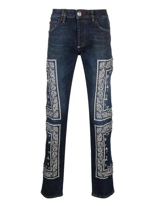 Philipp Plein Paisley-embroidered Straight-leg Jeans - Blue