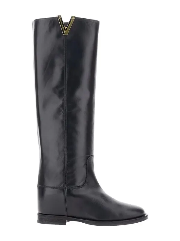 VIA ROMA 15 Smooth Calfskin Knee-high Boots With Medium Heel - Black