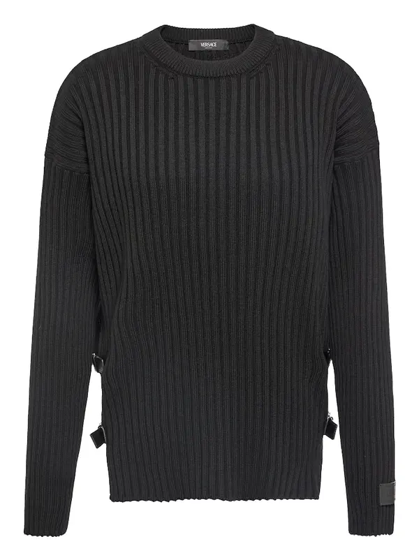 Versace Leather-trimmed Knit Wool Sweater - Black