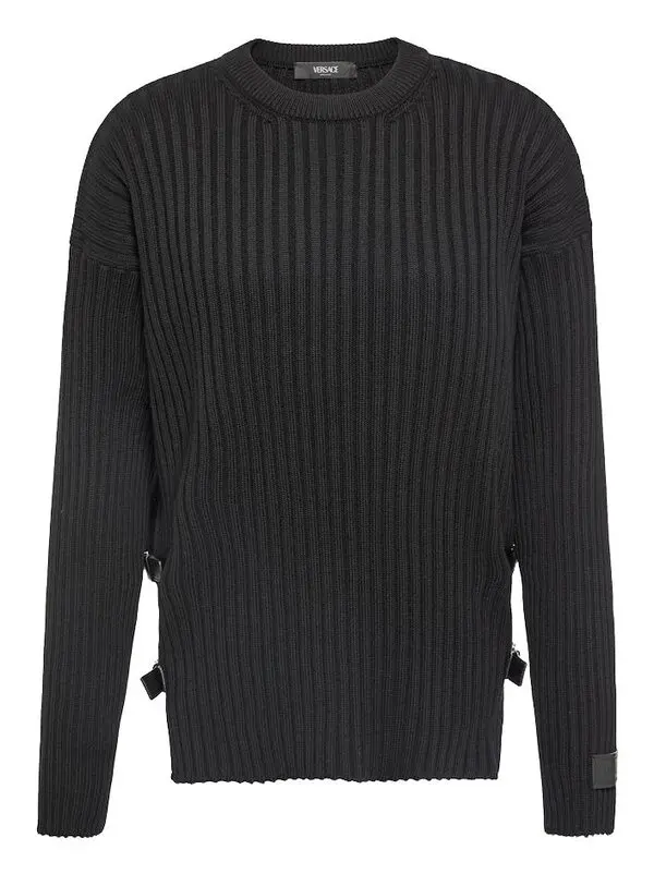 Versace Leather-trimmed Knit Wool Sweater - Black