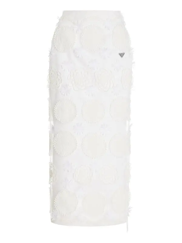 Prada Duchesse Embroidered Silk Midi Skirt - White