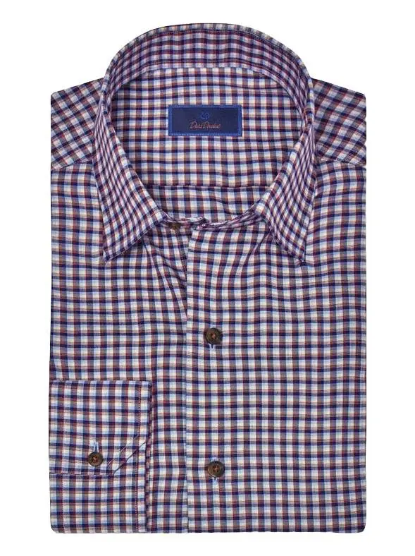 David Donahue Plaid Twill Hidden Button-down Shirt - Blue/ Merlot
