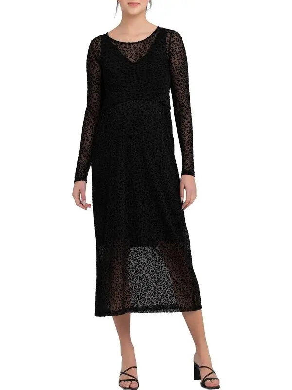 RIPE MATERNITY Leo Flocked Long Sleeve Maternity/nursing Dress - Black