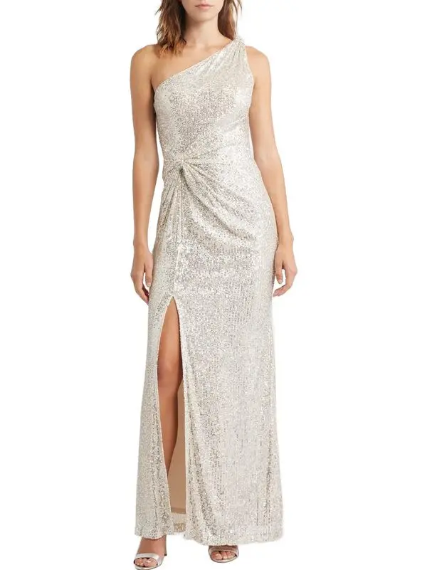 Eliza J Sequin One-shoulder Gown - Silver