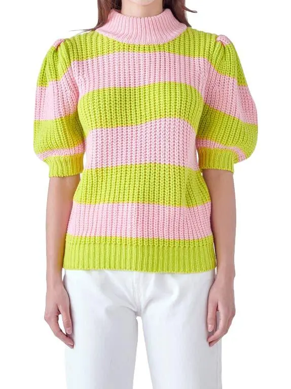 English Factory Stripe Puff Shoulder Mock Neck Sweater - Pink/green