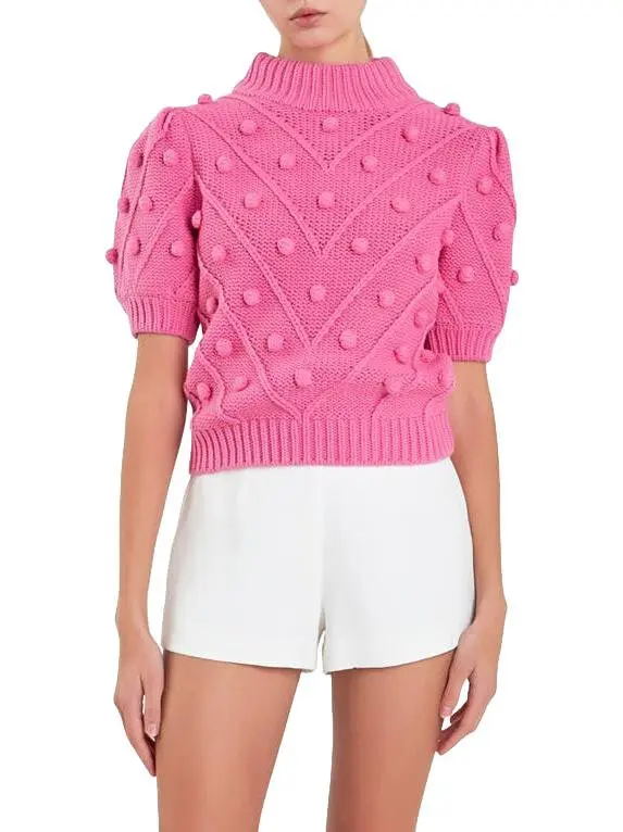English Factory Pompom Puff-sleeve Sweater - Pink