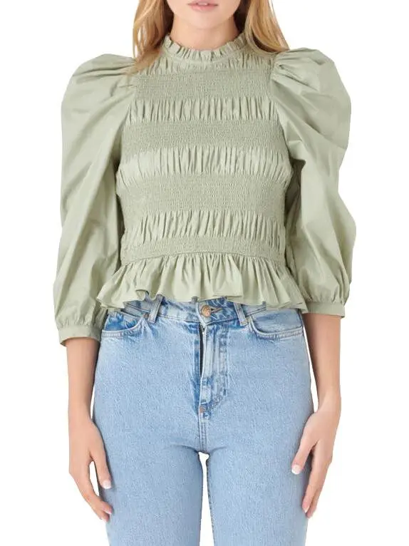 English Factory Smocked Poplin Top - Sage