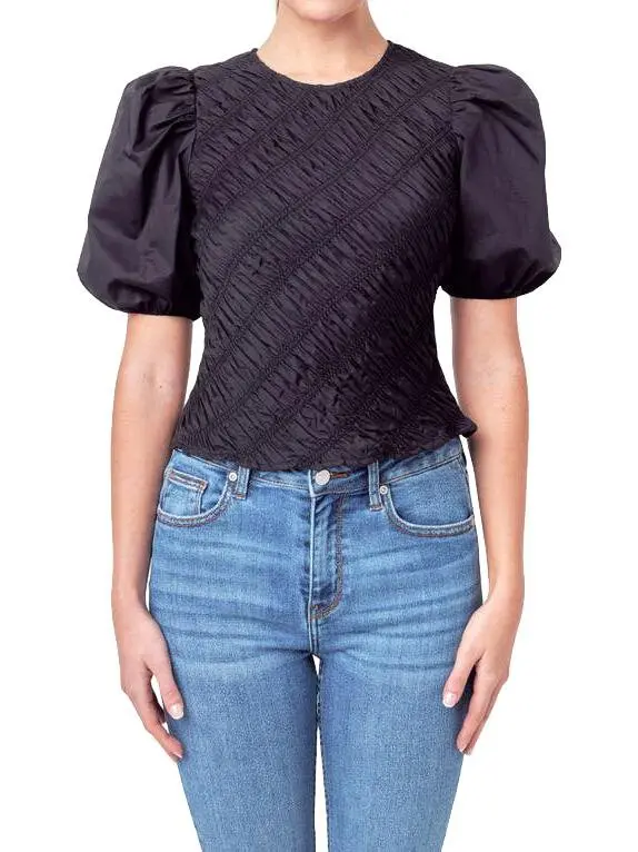 English Factory Asymmetric Shirred Top - Black