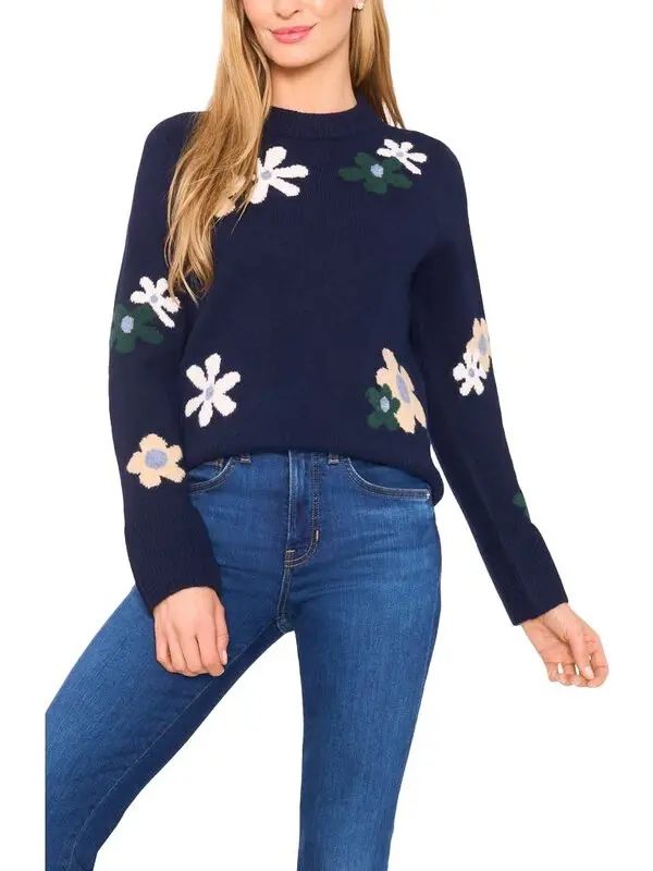 CECE DUPRAZ Floral Crewneck Sweater - Classic Navy