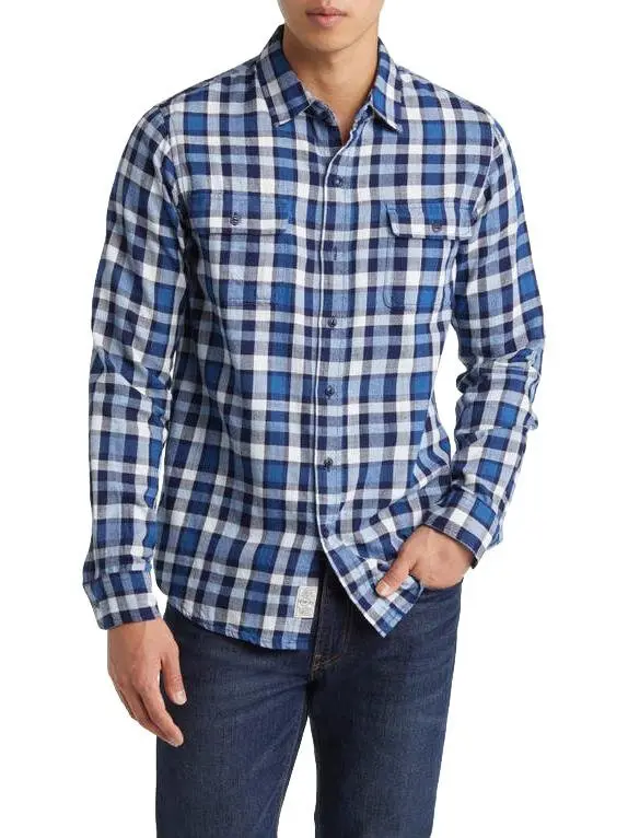 SCHOTT Plaid Slub Cotton Button-up Shirt - Blue