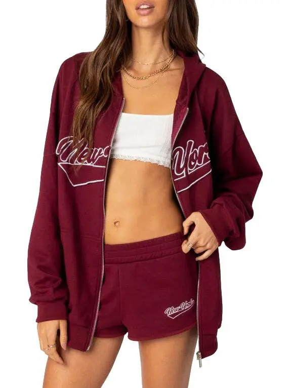 EDIKTED New York Oversized Zip Up Hoodie - Burgundy