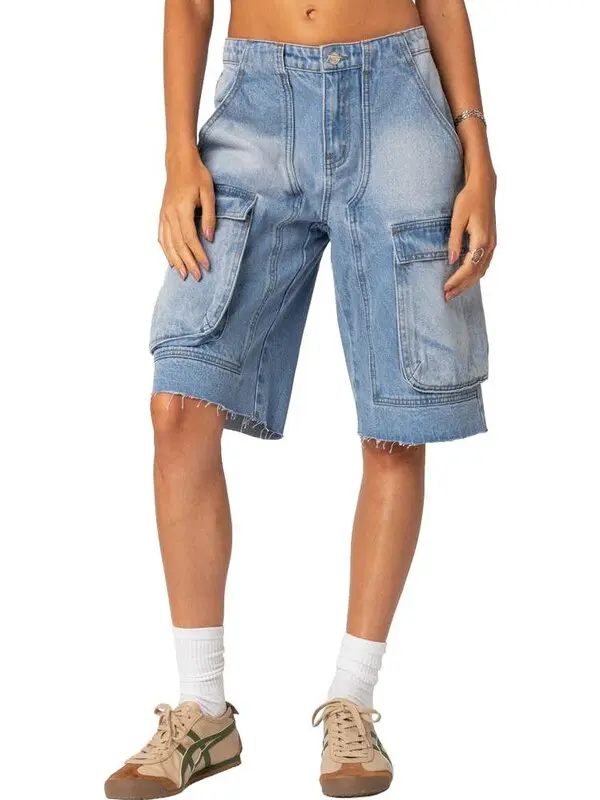 EDIKTED Rex Denim Bermuda Cargo Shorts - Blue-washed