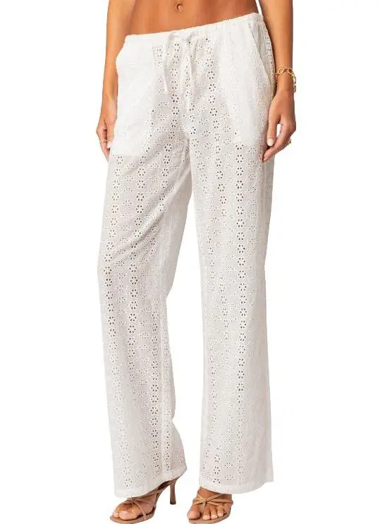 EDIKTED Eyelet Cotton Pants - White