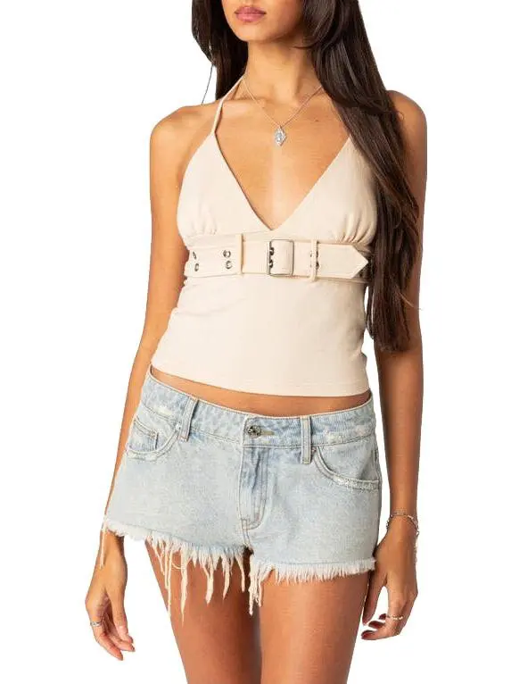 EDIKTED Birdie Belted Crop Halter Top - Beige