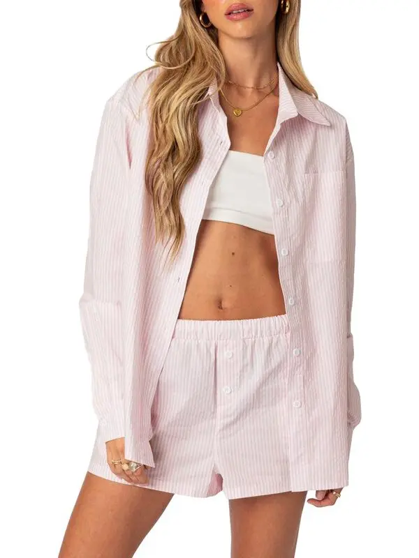 EDIKTED Pinstripe Oversize Button-up Blouse - Pink