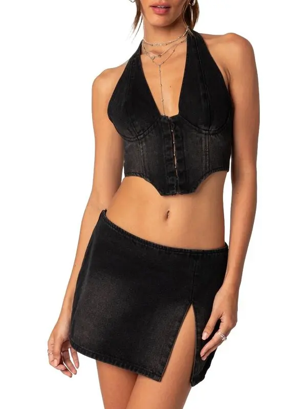 EDIKTED Katrina Lace-up Denim Corset Halter Top - Black-washed