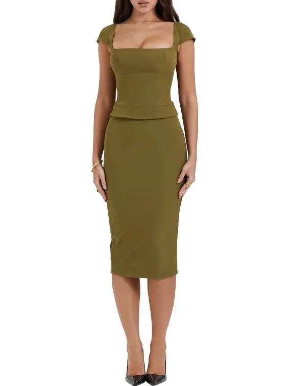 House Of Cb Layana Cap-sleeve Corset Sheath Dress - Olive
