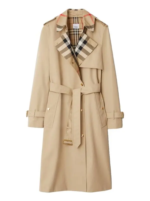 Burberry Long Check Collar Gabardine Trench Coat - Honey