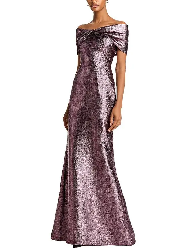 Rickie Freeman For Teri Jon Metallic Jacquard Off-the-shoulder Gown - Amethyst