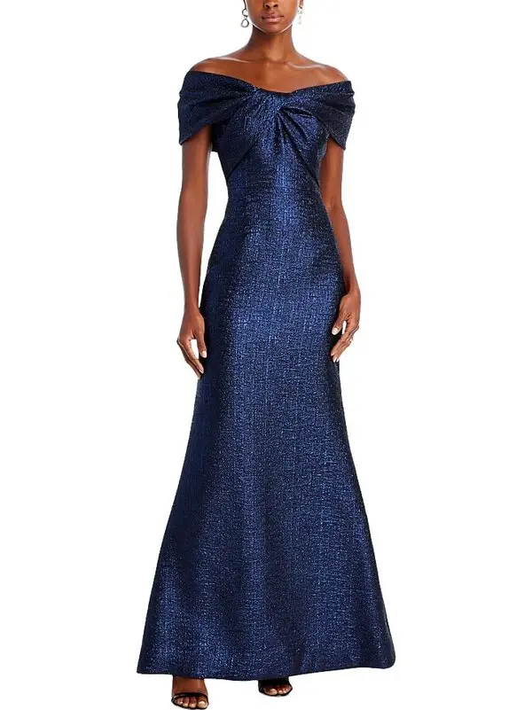 Rickie Freeman For Teri Jon Metallic Jacquard Off-the-shoulder Gown - Sapphire
