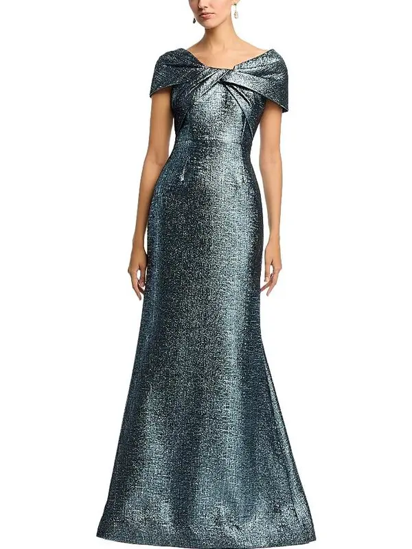 Rickie Freeman For Teri Jon Metallic Jacquard Off-the-shoulder Gown - Slate