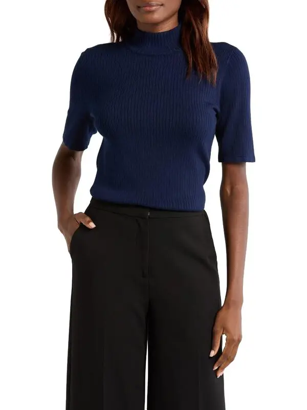 Halogen Short Sleeve Ribbed Mock Neck Sweater - Classic Navy