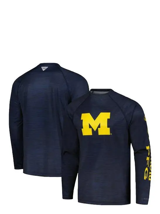 Columbia Michigan Wolverines Pfg Terminal Tackle Raglan Long Sleeve Shirt - Navy