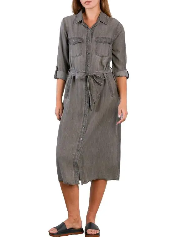WASH LAB DENIM Soft Denim Belted Midi Shirtdress - Grey Puff