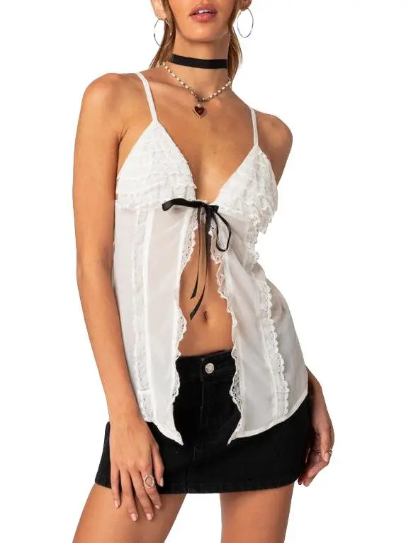 EDIKTED Linette Split Front Lace Trim Camisole - White