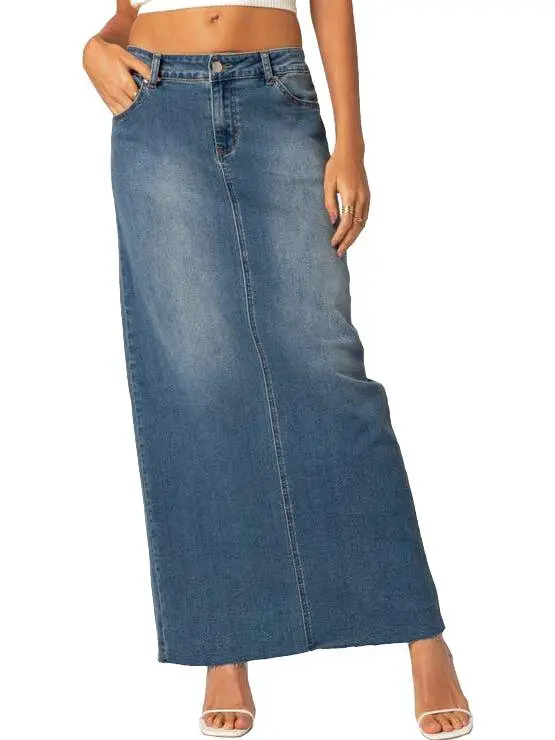 EDIKTED Elowyn Denim Maxi Skirt With Slit - Blue