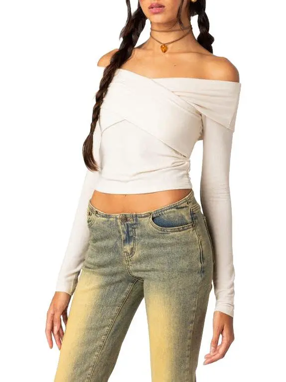 EDIKTED Crossover Off The Shoulder Long Sleeve Top - Cream