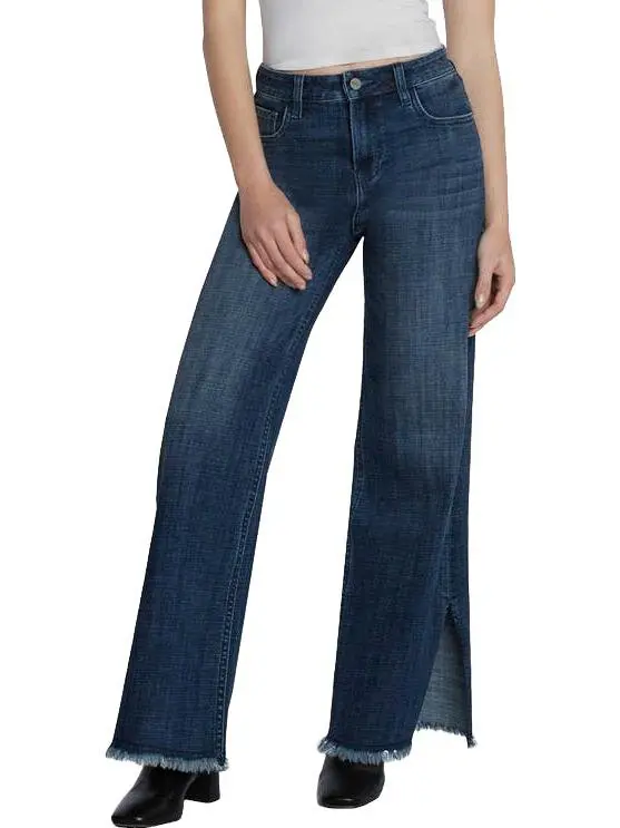 HINT OF BLU Frayed Split Hem Wide Leg Jeans - Market Blue