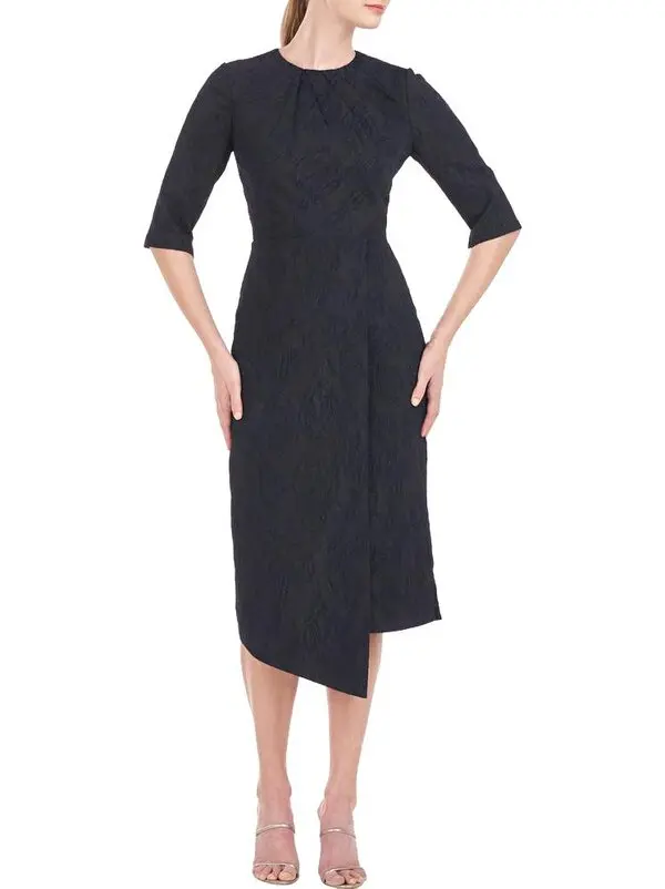 KAY UNGER Gloria Asymmetric Floral Jacquard Cocktail Midi Dress - Dark Midnight