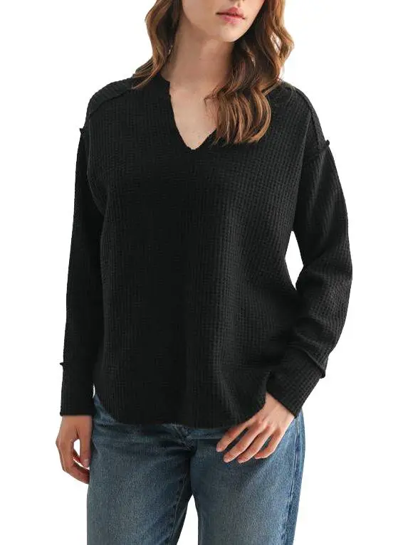 ALL IN FAVOR Textured Knit Henley Top - Black
