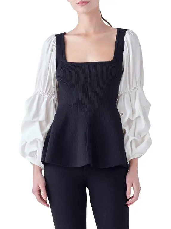 English Factory Mixed Media Rib Top - Black/white
