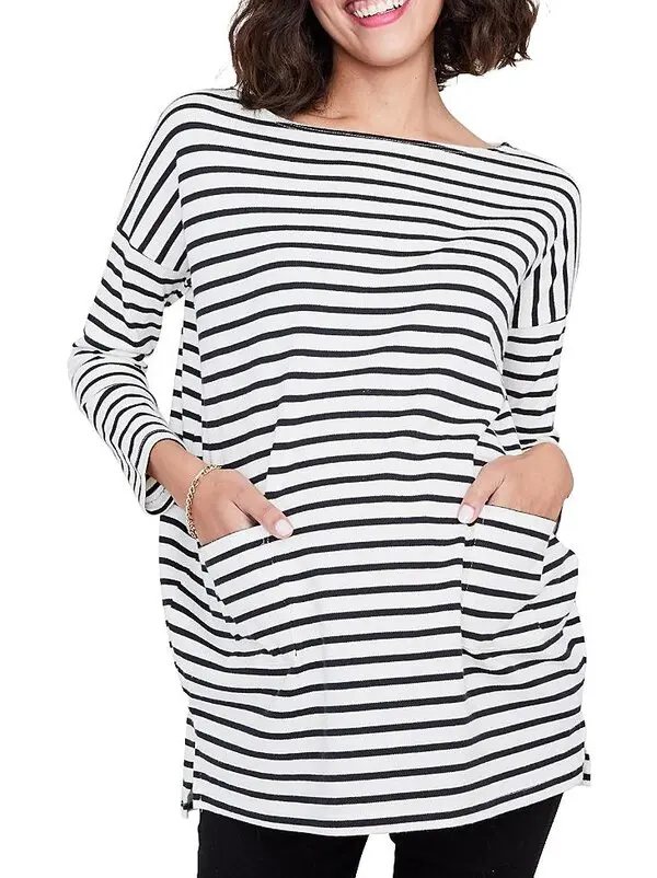 Hatch Collection Long Sleeve Maternity Bateau Top - Black / Ivory Stripe