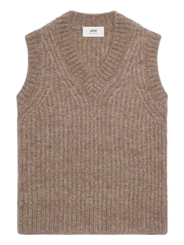 Ami Sleeveless Rib-knit Vest - Brown