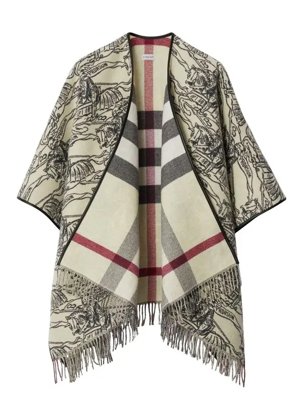 Burberry Equestrian Knight Fringe Wool Poncho - Neutrals