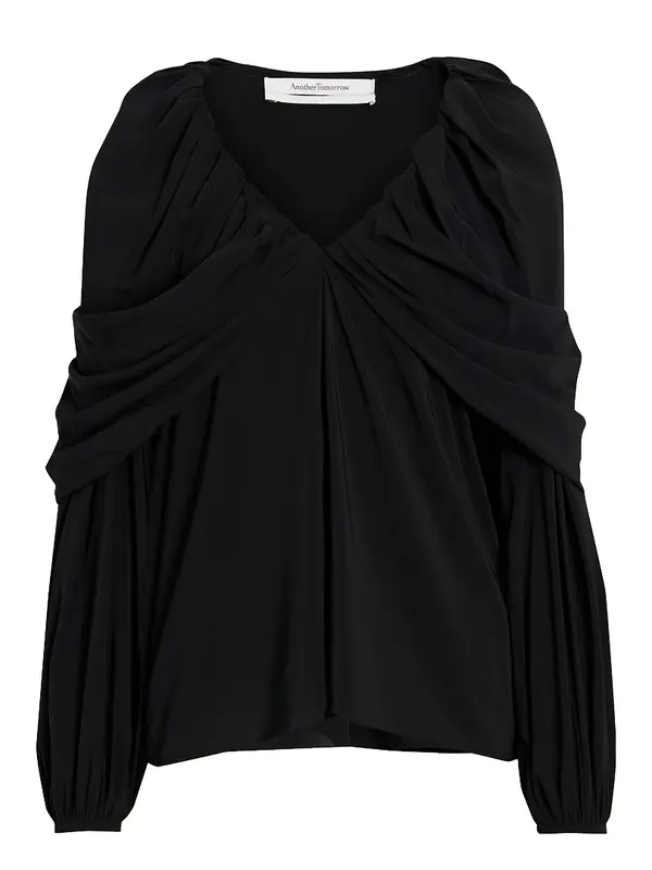 Another Tomorrow Cape-effect Ruched Top - Black