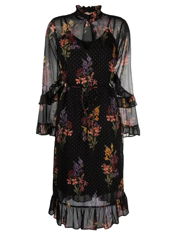 TWINSET Double-layer Floral-print Midi Dress - Black